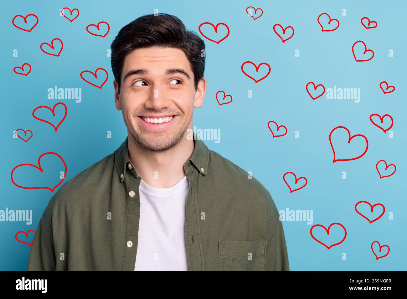 Portrait of groomed glad guy work worker look empty space adverts ...