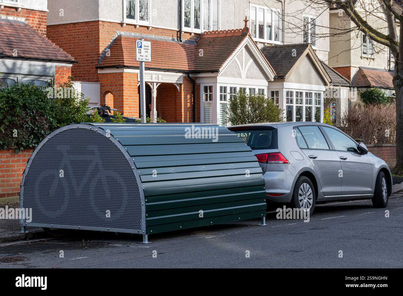 A bicycle hangar in London, England UK, providing a secure shelter and ...