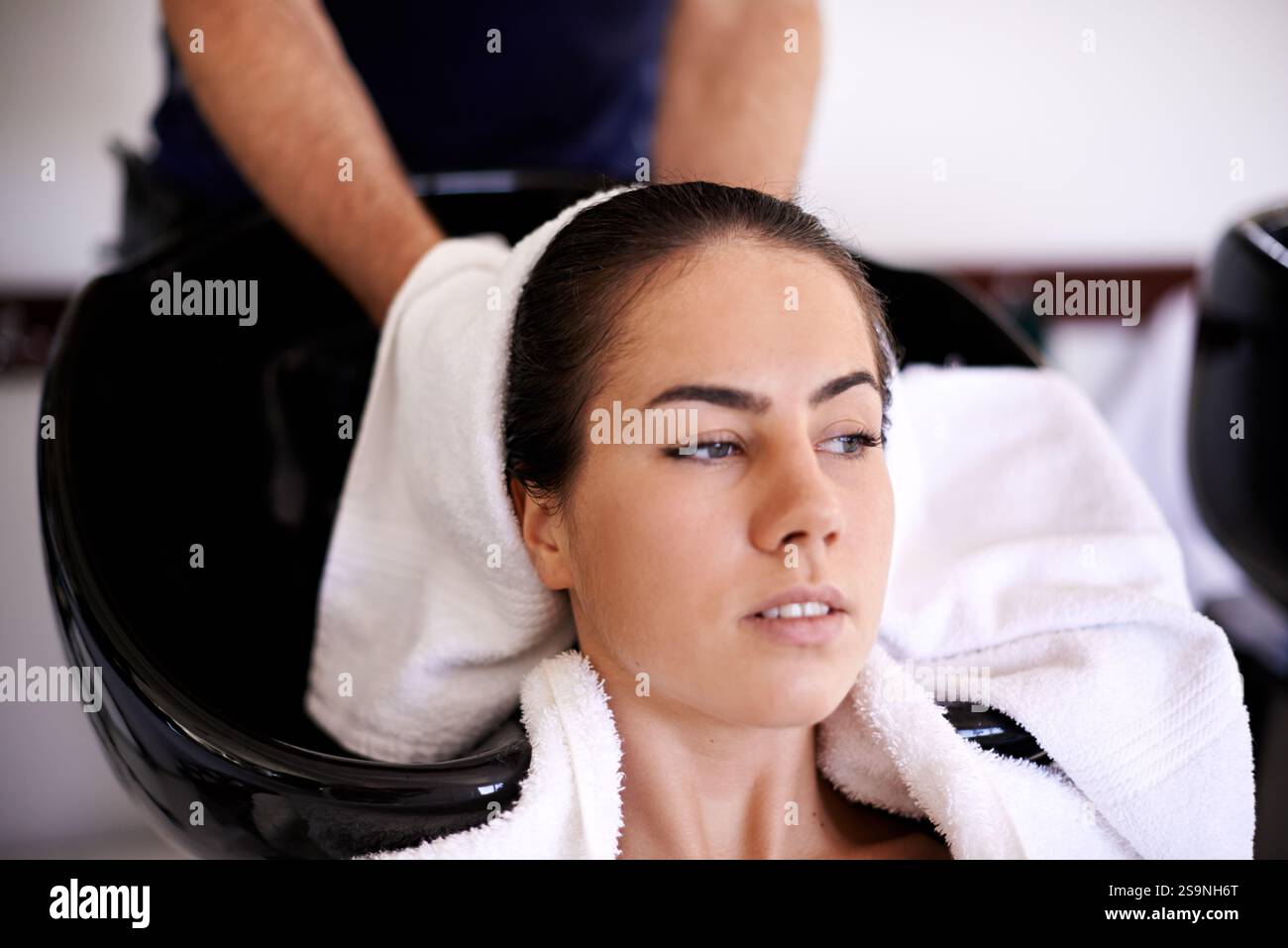 Hair care, woman or hands of hairdresser in salon for drying scalp ...
