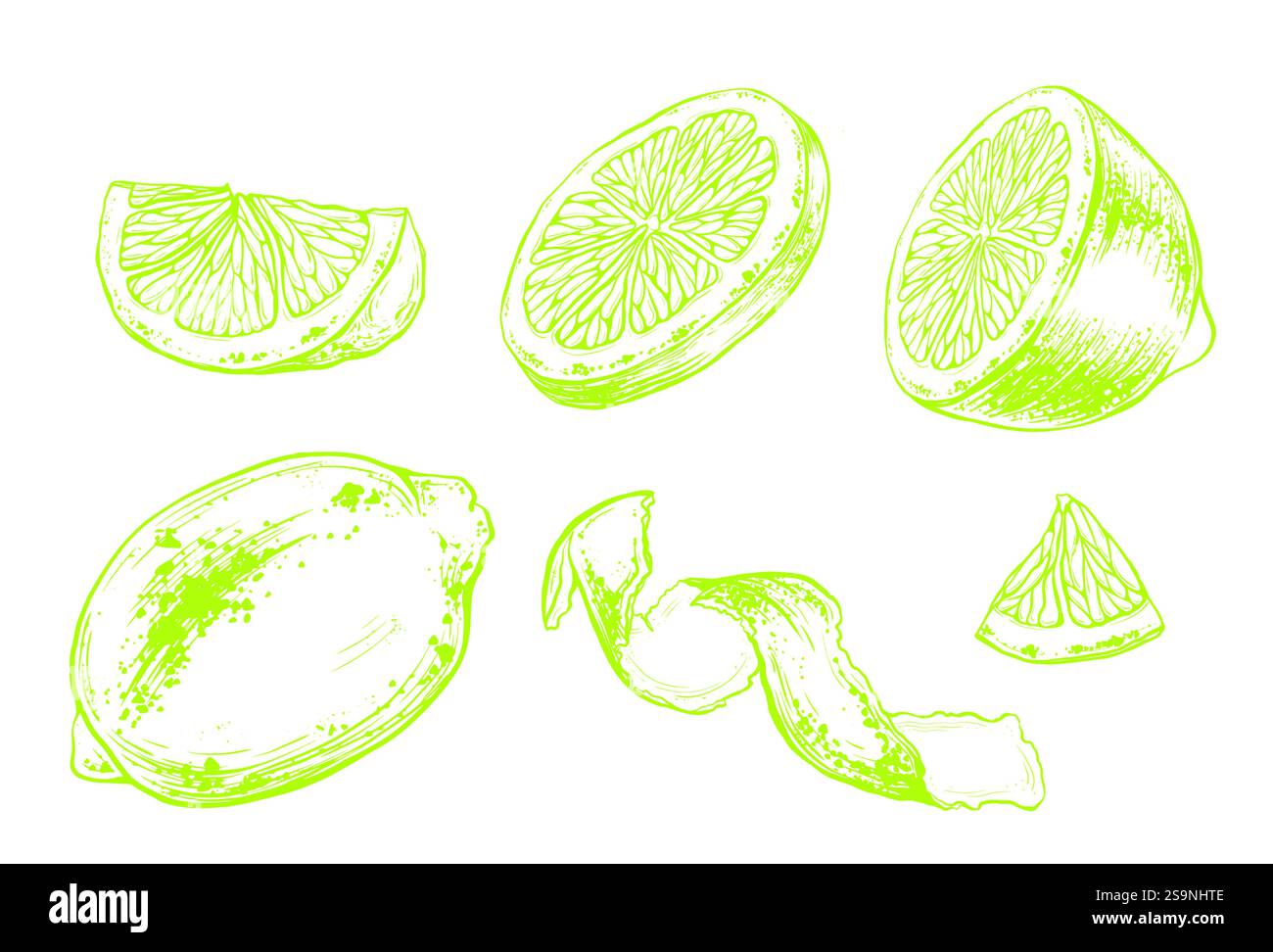 Set of slice and whole lemon, peel or zest of Lemon and isolated on ...