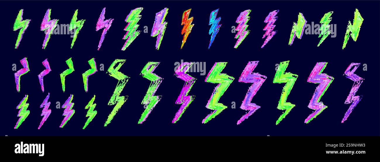 Set of lightning by colorful wax pencil drawing. Collection of ...