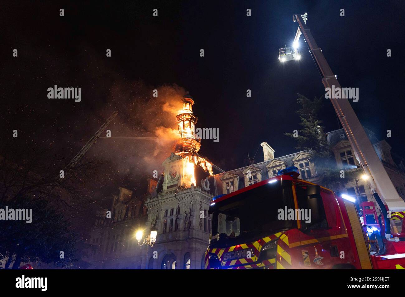 This photo provided by the Paris Fire Brigade (BSPP) shows the roof and ...