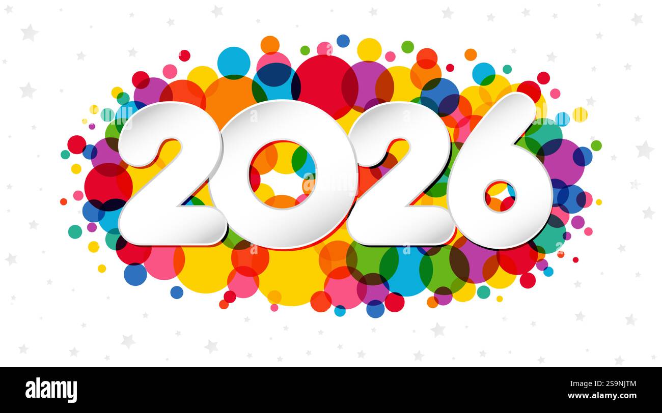 Greeting card concept with colorful bubbles and 3D paper style numbers 2 0 2 6. Happy New Year ...
