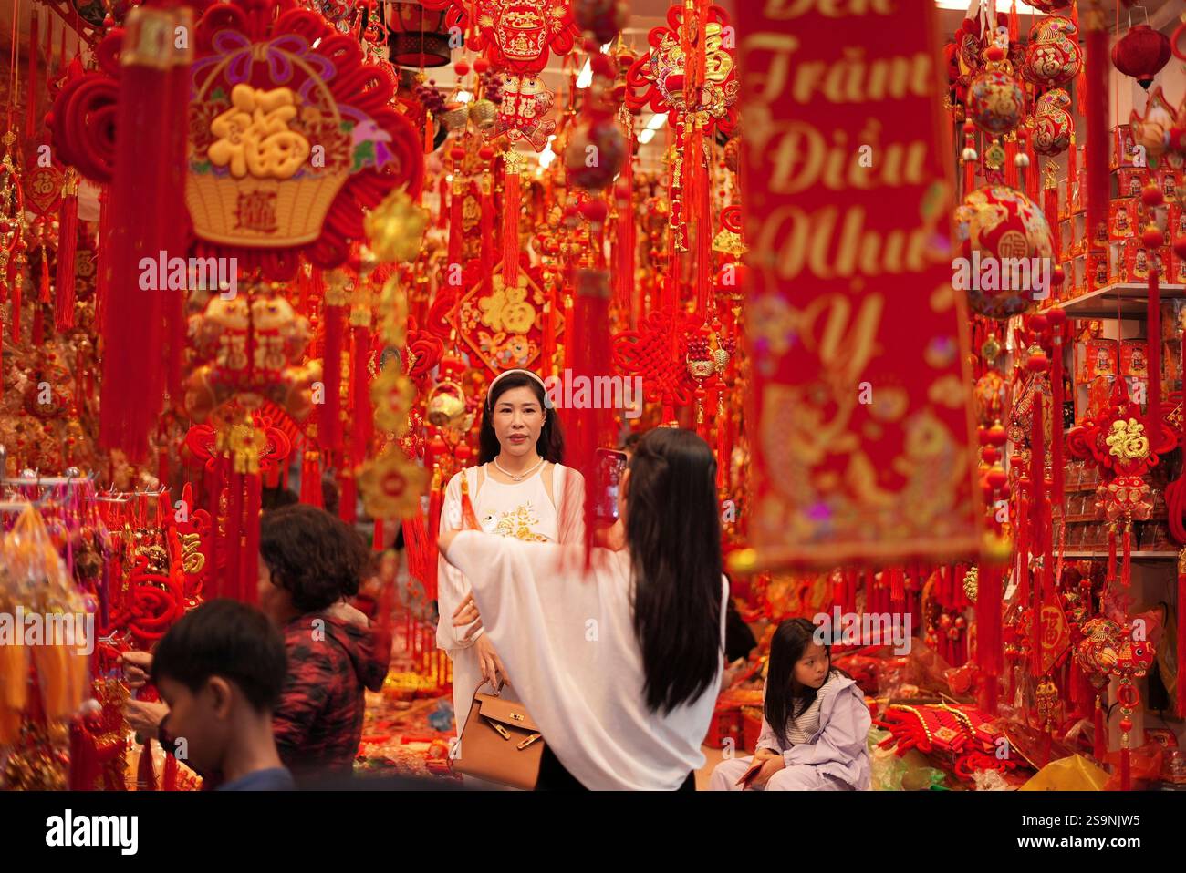 A woman poses for photo at the Lunar New Year "Tet" market in Hanoi ...