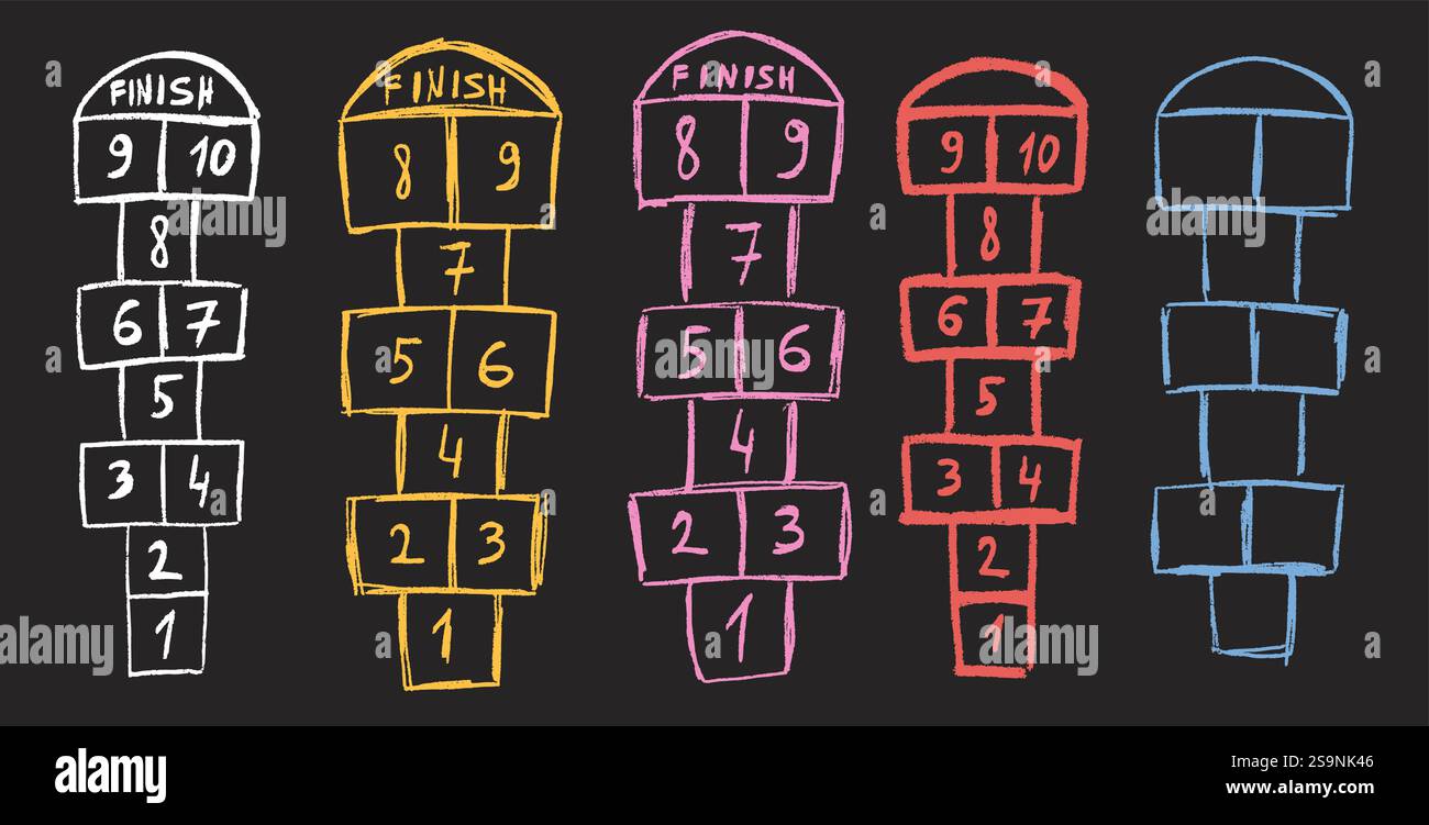 Hopscotch games chalk drawn set isolated on dark background. Children ...