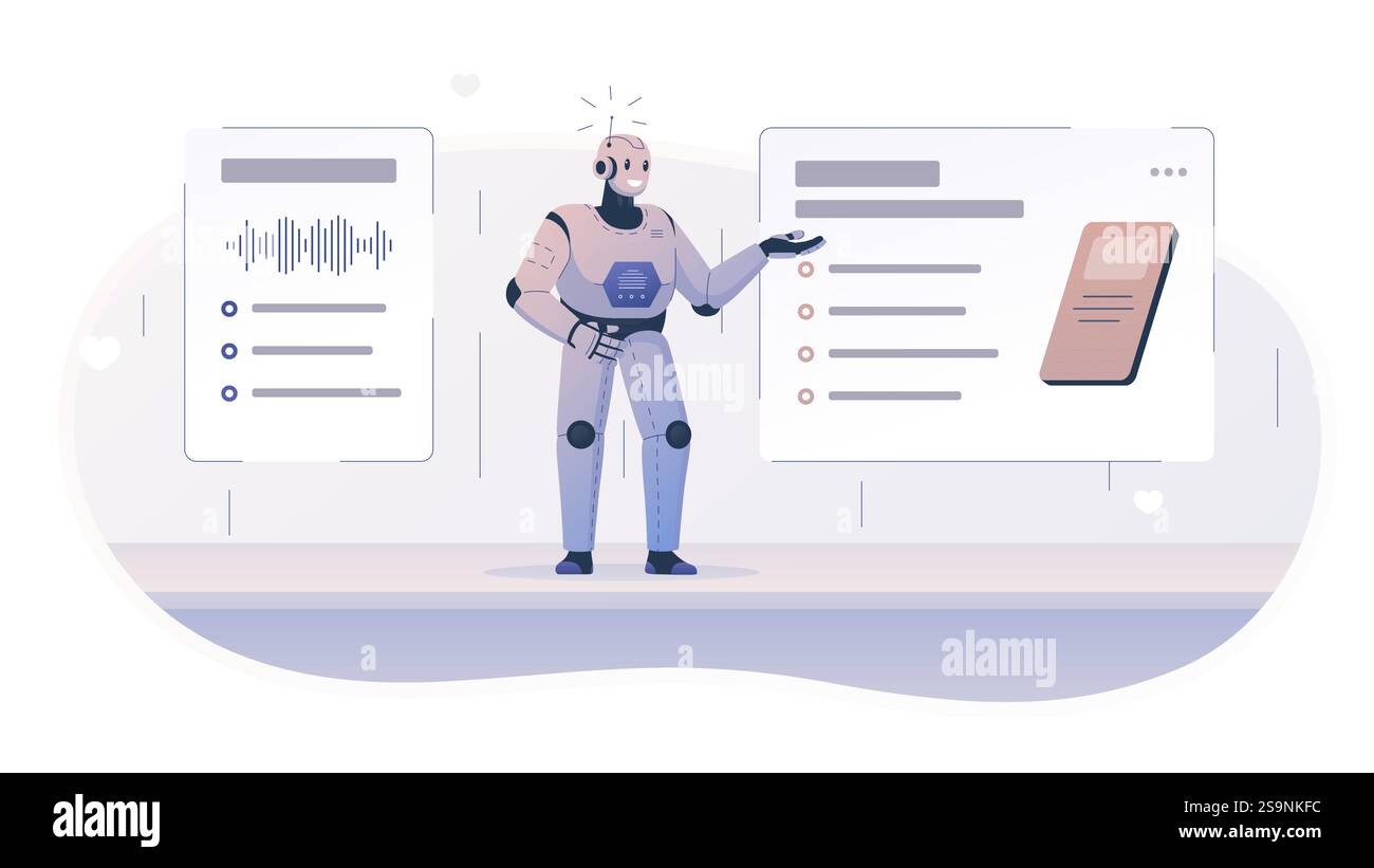 Vector illustration of a robot making a presentation by showing ...