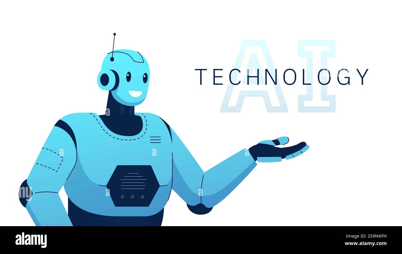Vector illustration of a robot that smiles while demonstrating ...