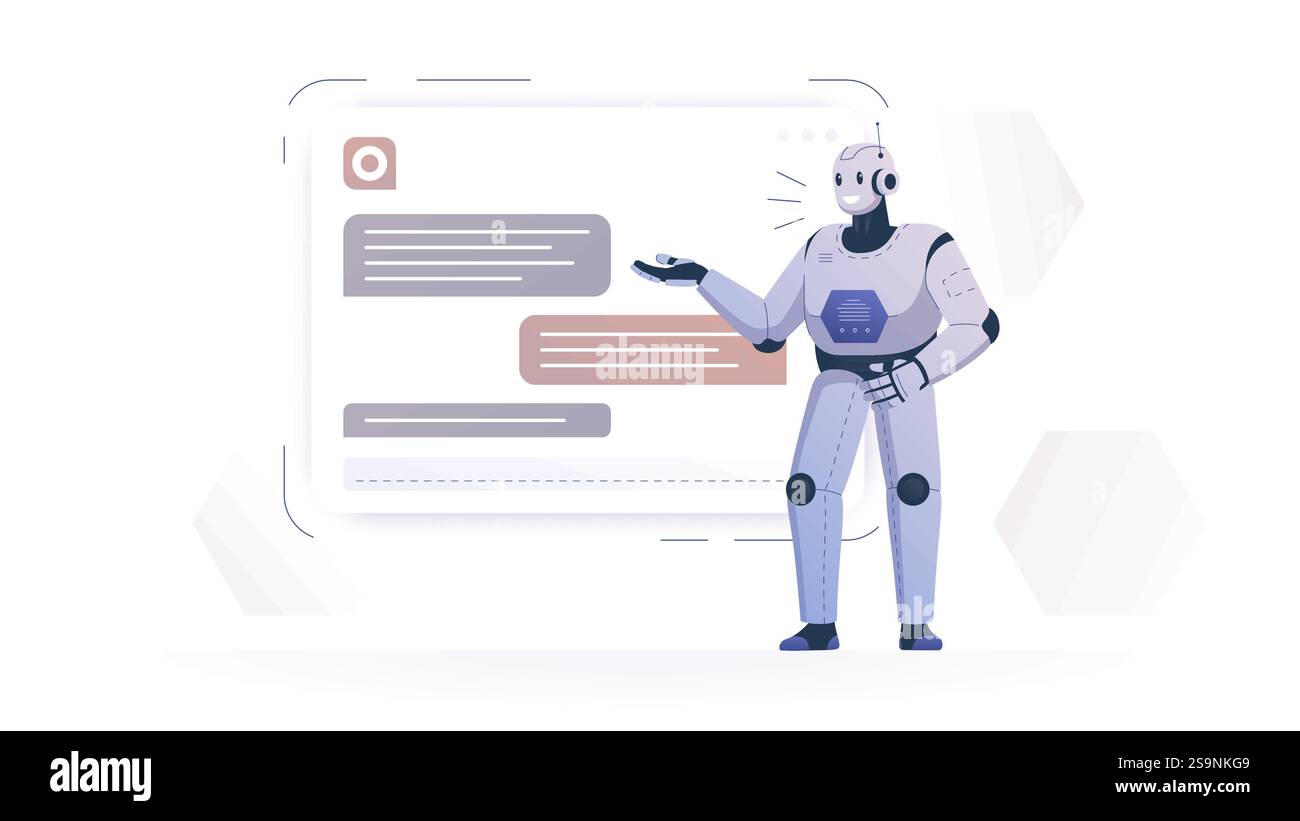 Vector illustration of a smiling and talking robot performing in front ...