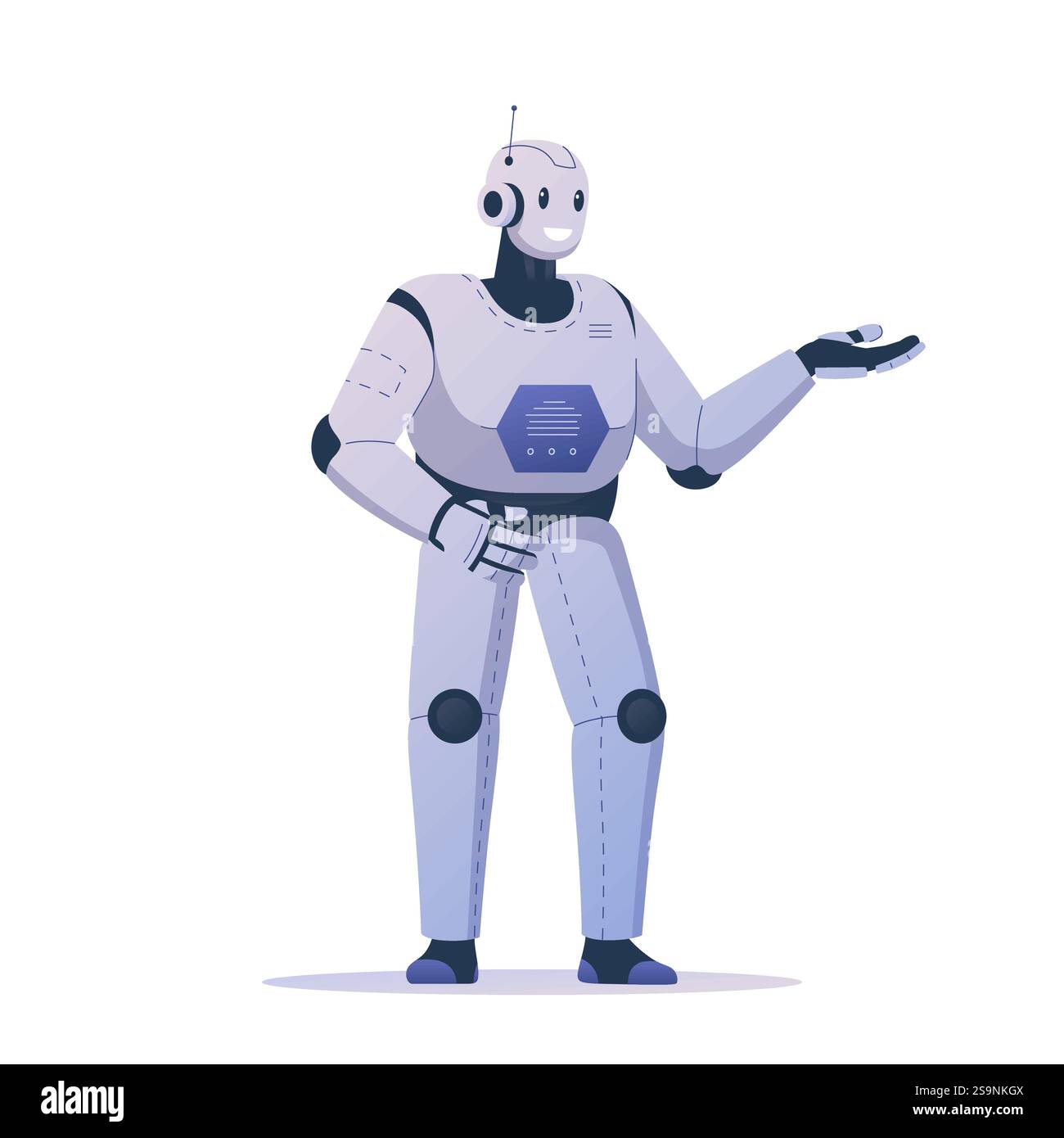 Vector illustration of a modern robot that smiles and demonstrates ...