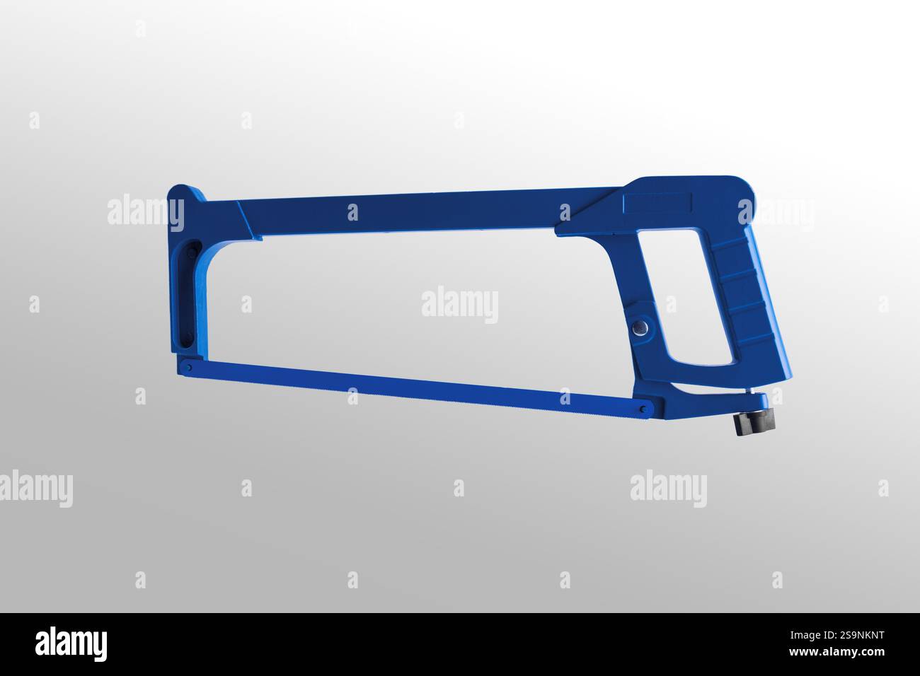 Blue hacksaw for metal. Isolated on a gray background Stock Photo - Alamy