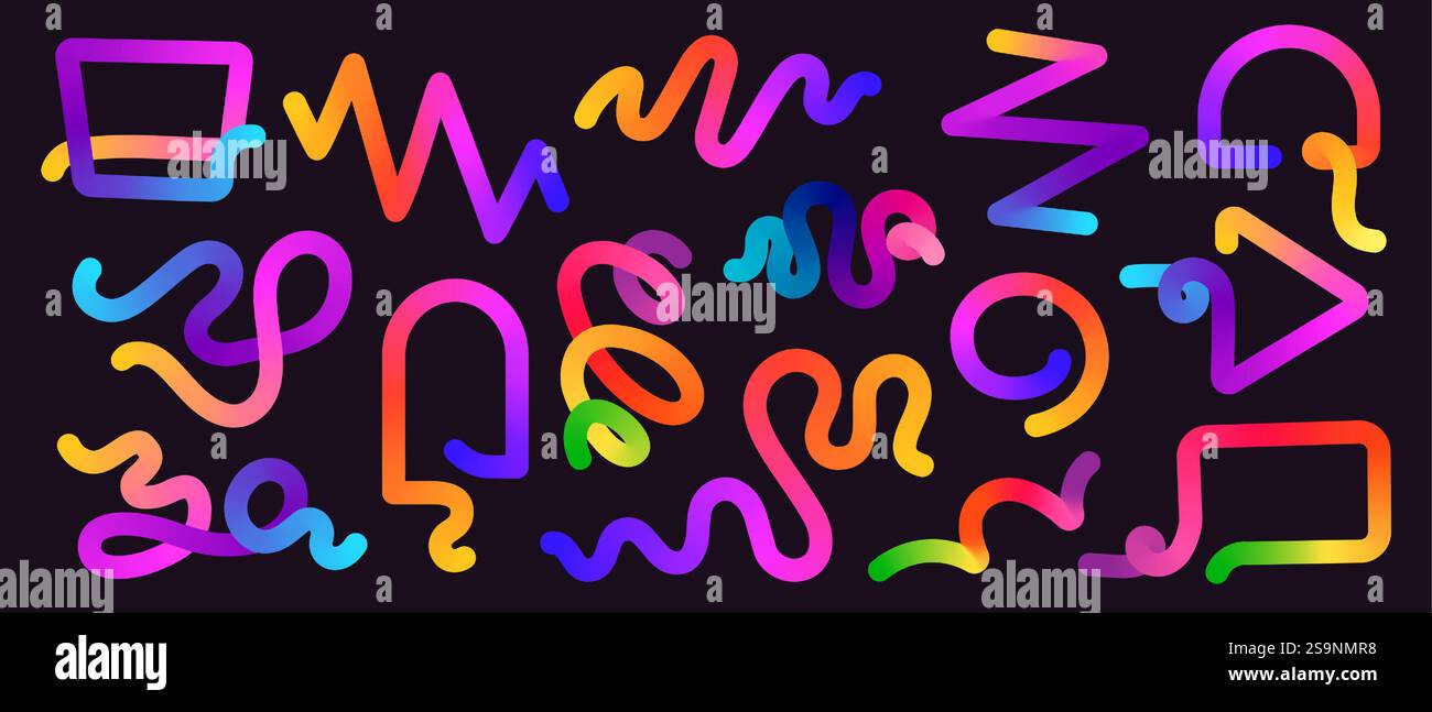 Gradient line shapes. Abstract wavy ribbon curves with fluid color, playful dynamic squiggle ...