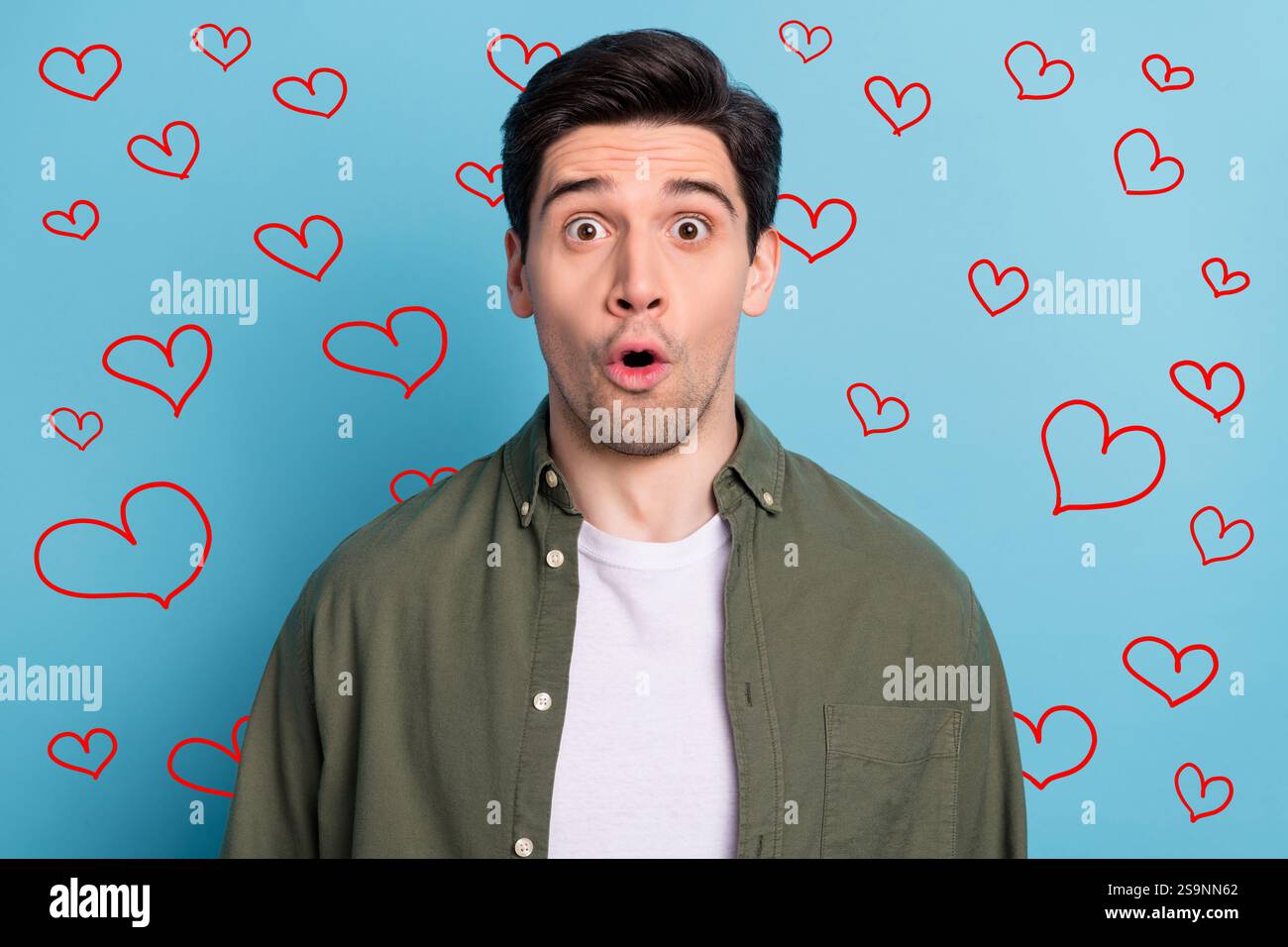 Portrait of impressed guy look open mouth amazing message isolated over ...