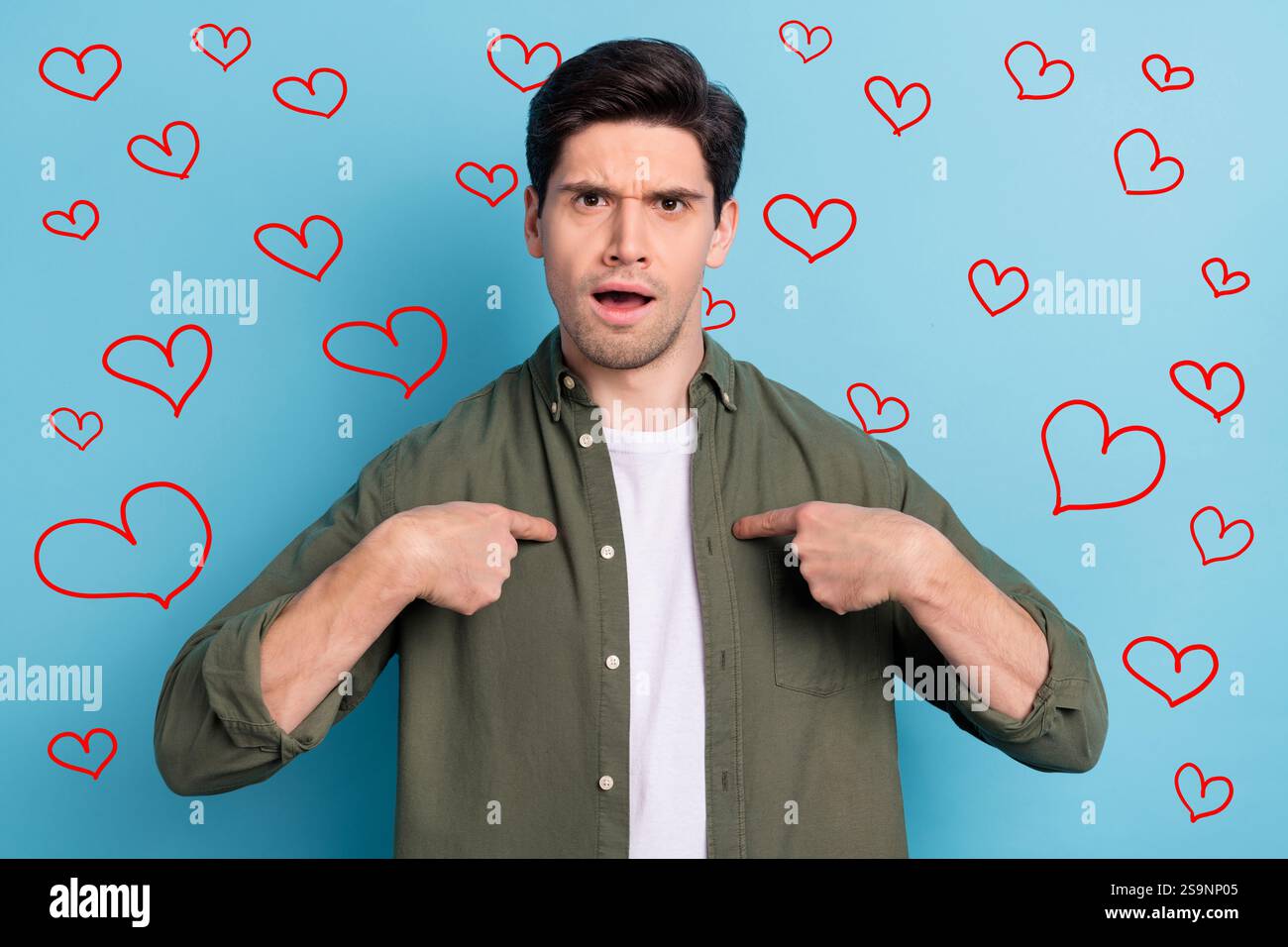 Photo of frustrated guy point hand himself scream fault cant be him ...