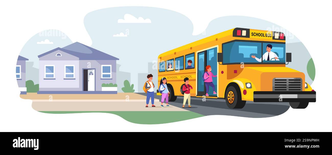 School bus with kids. Cartoon bus full of children going to school ...