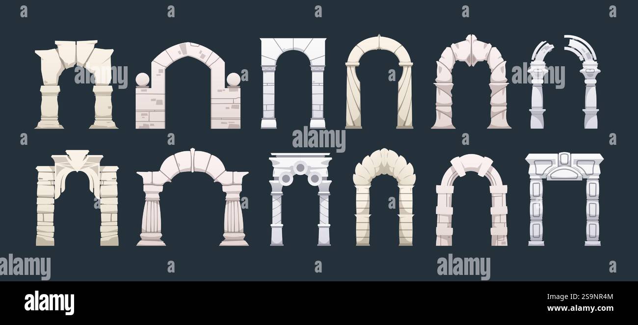 Roman arch. Antique pillar and stone gate architecture elements with ...