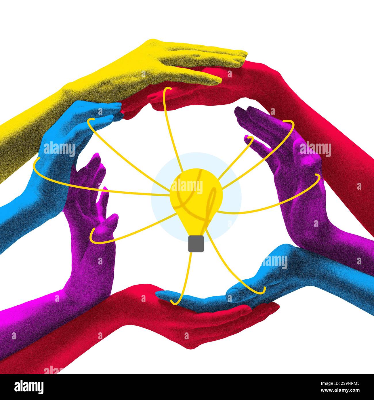 Modern artwork. Colorful hands form circle, cradling bright lightbulb, symbolizing shared ideas ...