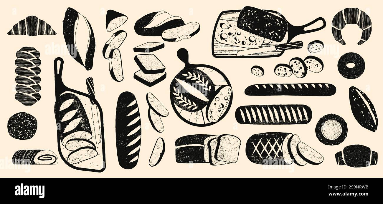 Bread silhouette. Black bakery bread icons, baked loaf baguette roll ...