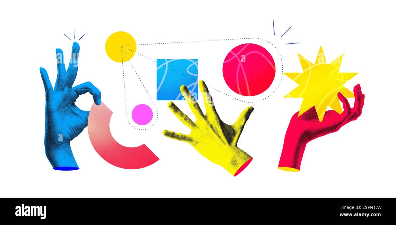 Creative art collage. Hands interact with vibrant array of shapes ...