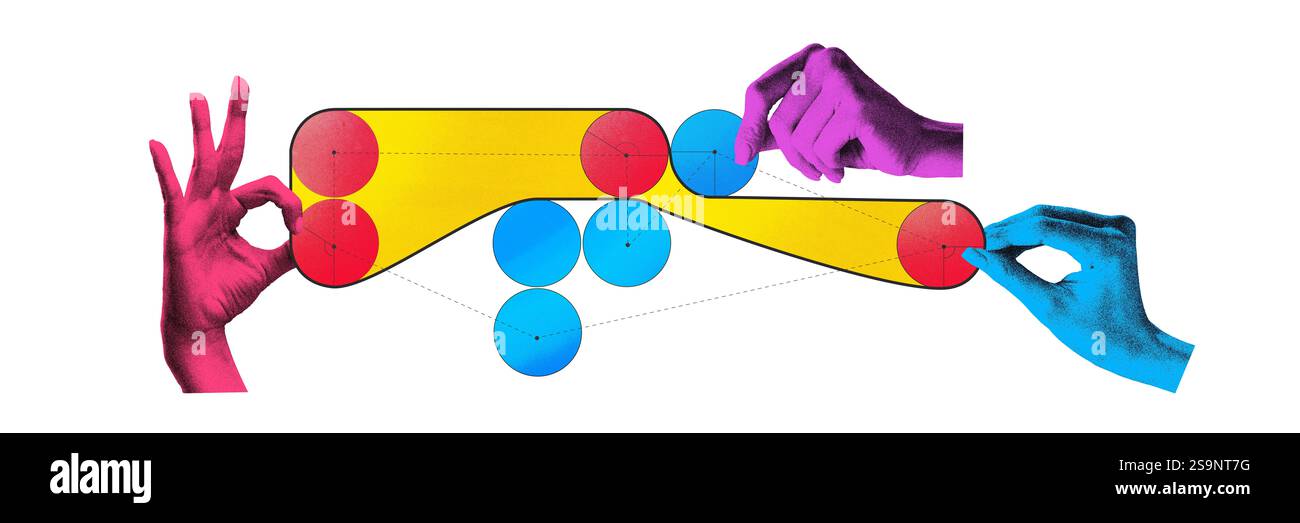 Creative art collage. Hands interact with complex network of connected ...