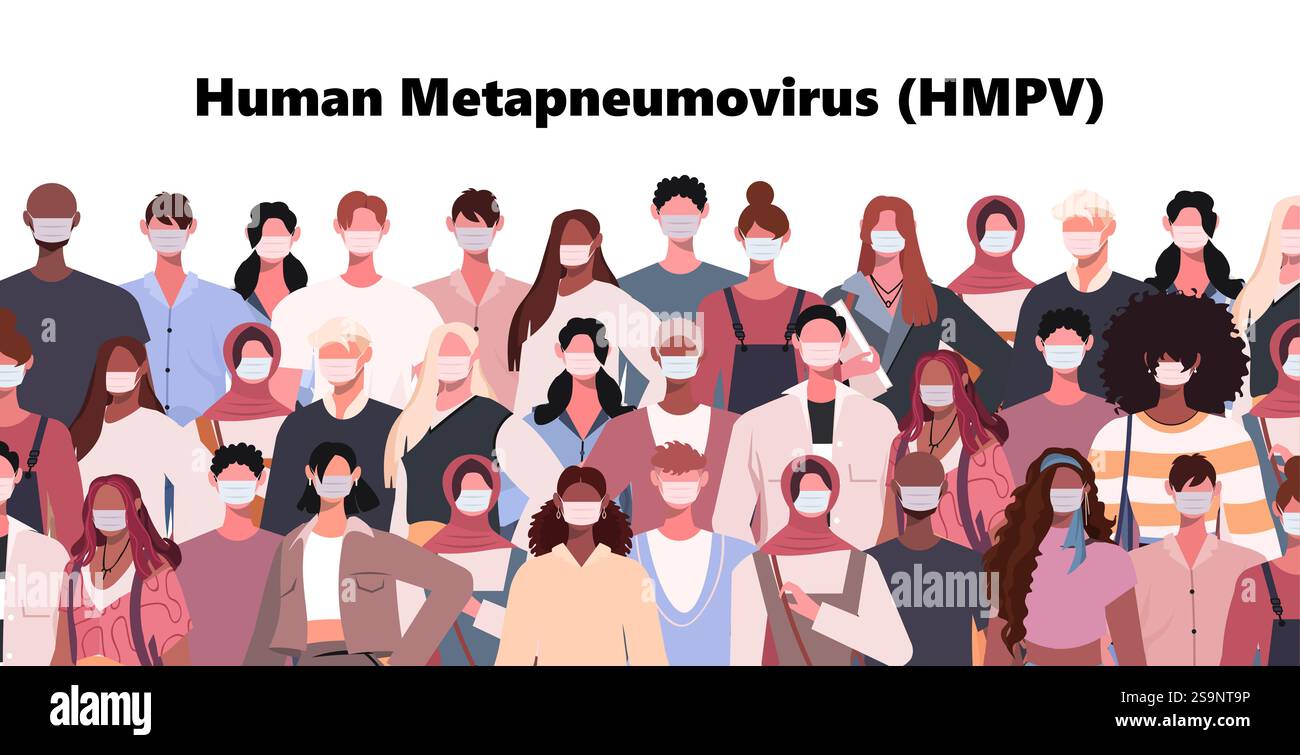 Human metapneumovirus (HMPV). Group of people wearing medical masks to ...