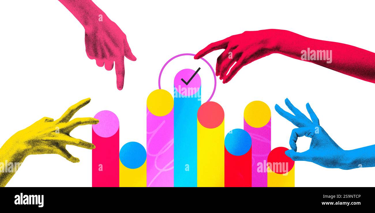 Creative art collage. Colorful hands reach towards bar graph, one ...