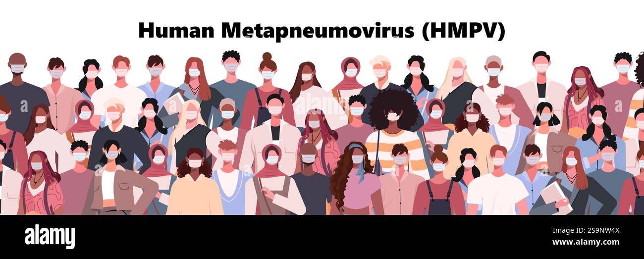 Human metapneumovirus (HMPV). Crowd of people wearing medical masks ...