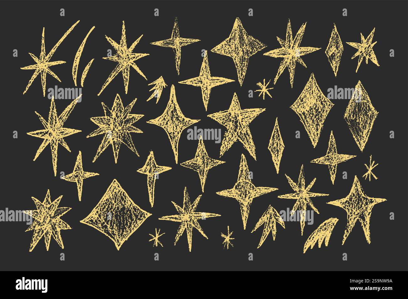 Sparkles stars doodle set. Crayon golden blings pack on chalkboard. Comets and blinking on night ...