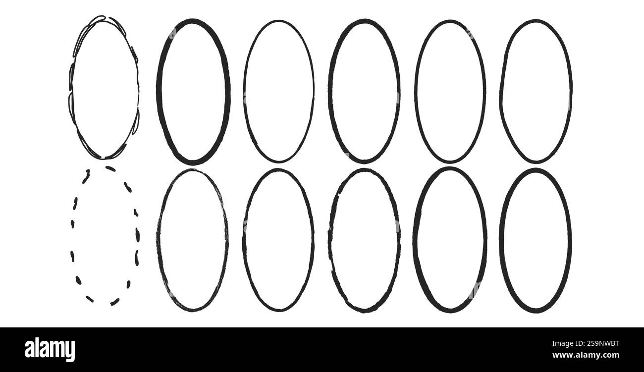 Grunge set of ellipse frames. Oval shapes modern black. Vector hand ...