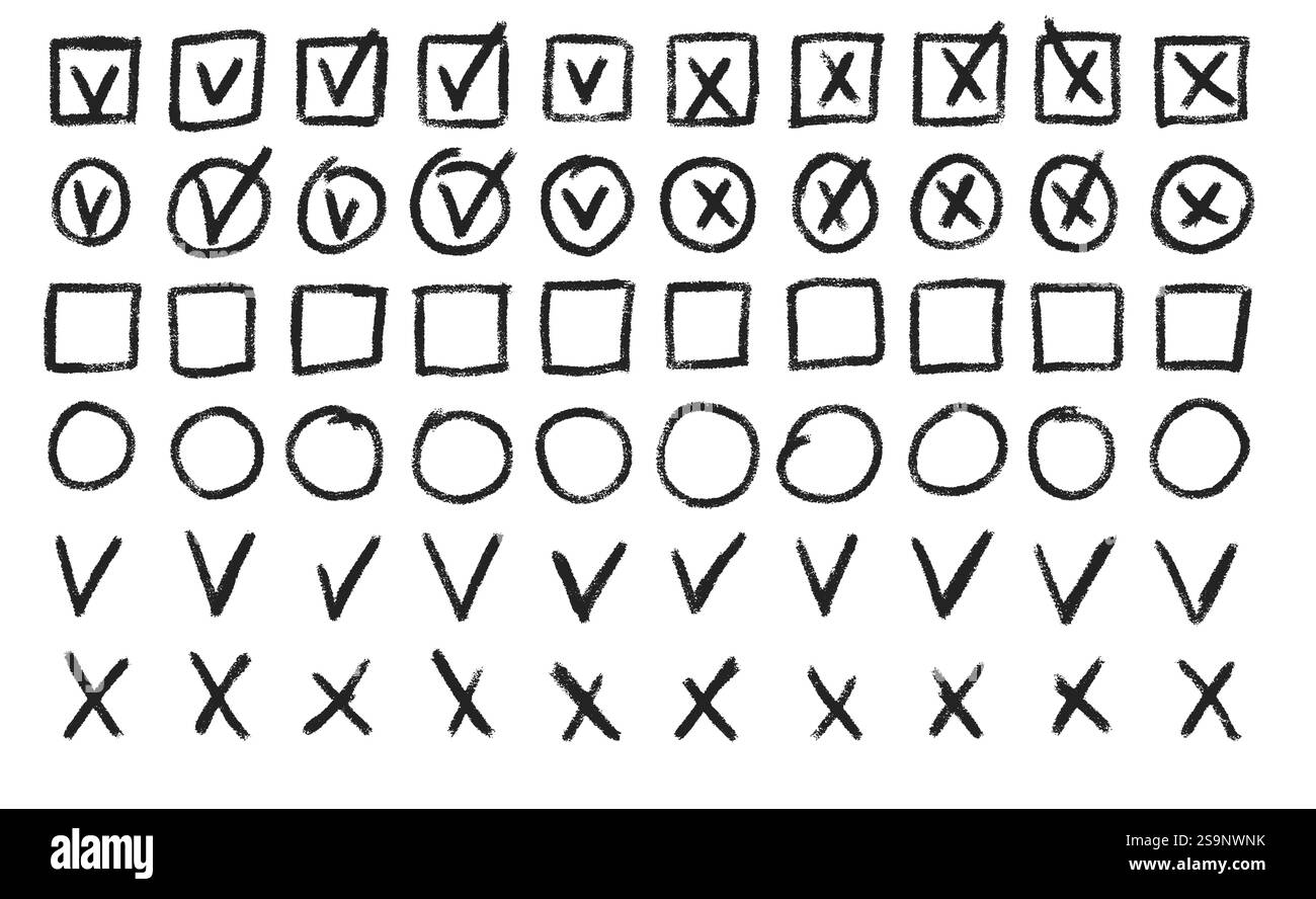Set of checkboxes. Tick and check marks pack. Cross and v sign pencil drawn. Correct and wrong ...