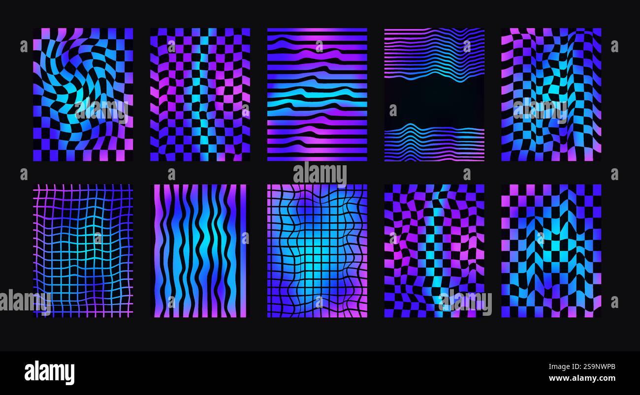 Checkerboard neon background set. Psychedelic holo checker gradient ...