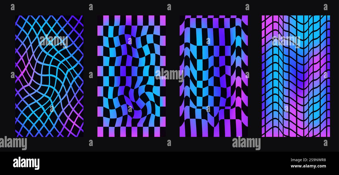 Checkerboard neon background set. Psychedelic gradient checker posters ...