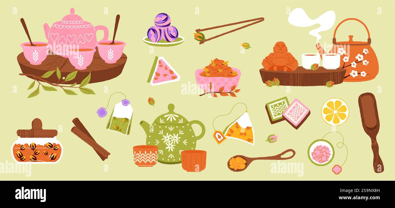 Herbal tea. Cozy tea ceremony with hot beverage in teacup, kettle and ...