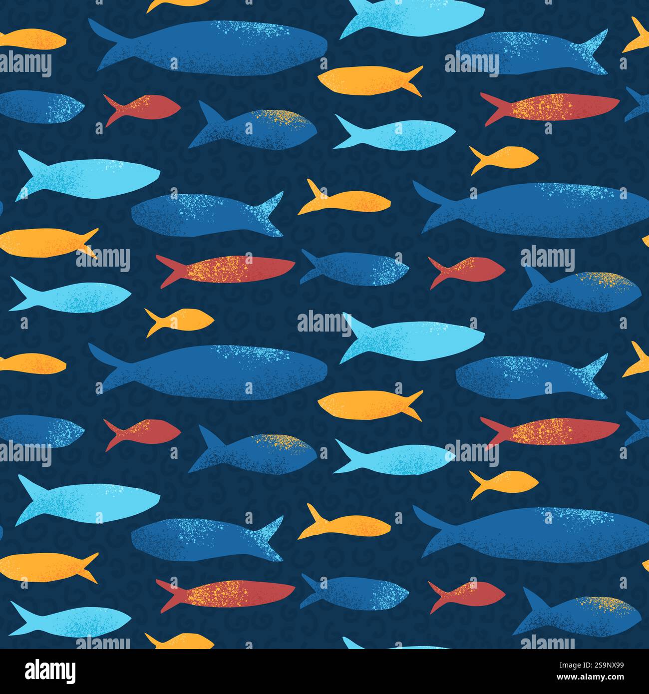 Sardines seamless pattern. Blue, red and yellow fish. school of sprat ...