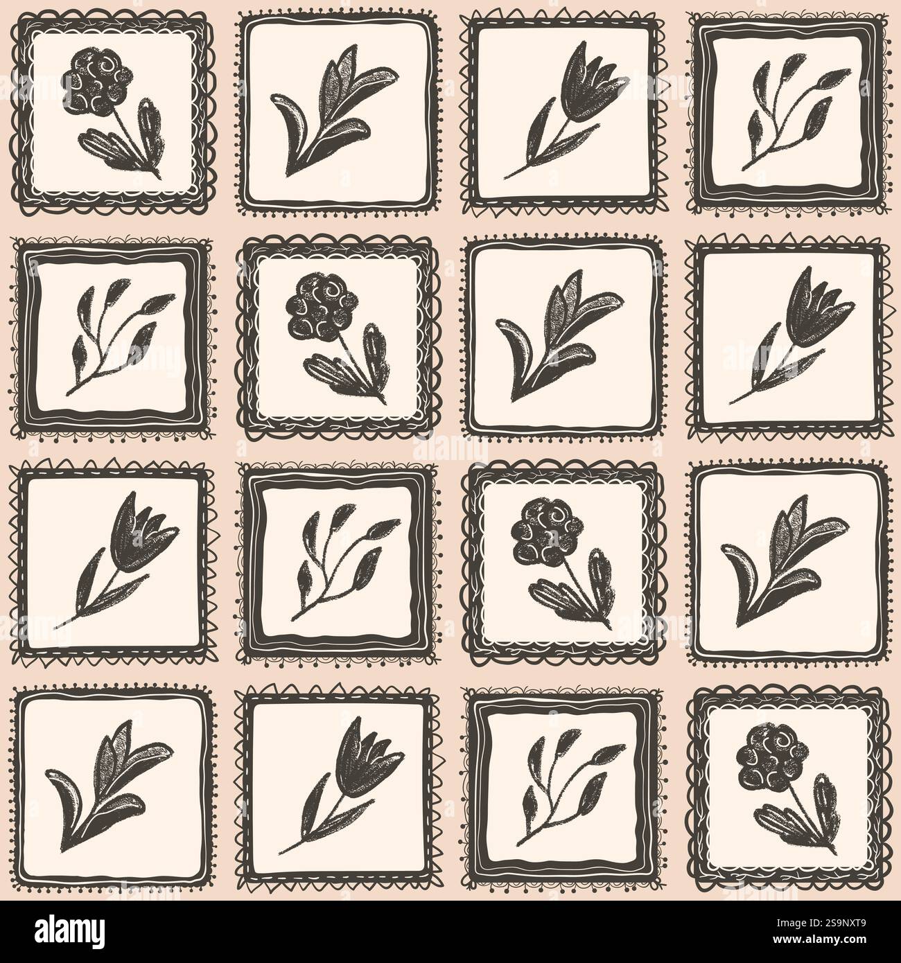 Tulip, peony flowers and leaves seamless pattern. Linocut floral ...