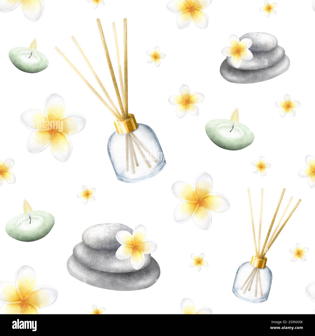 Aroma diffuser, candles, plumeria flowers and stack pebbles. Hand drawn ...