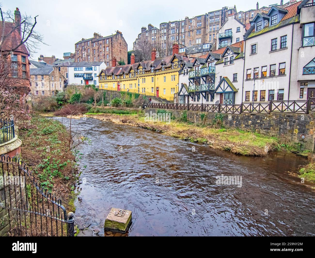 The colourful Dean Village Edinburgh viewed from a bridge over the ...