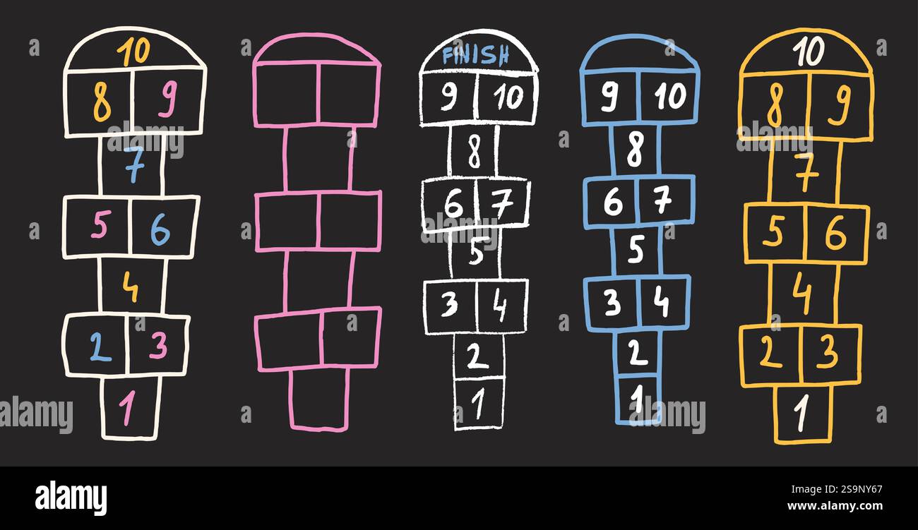 Hopscotch games chalk drawn set isolated on dark background. Children ...