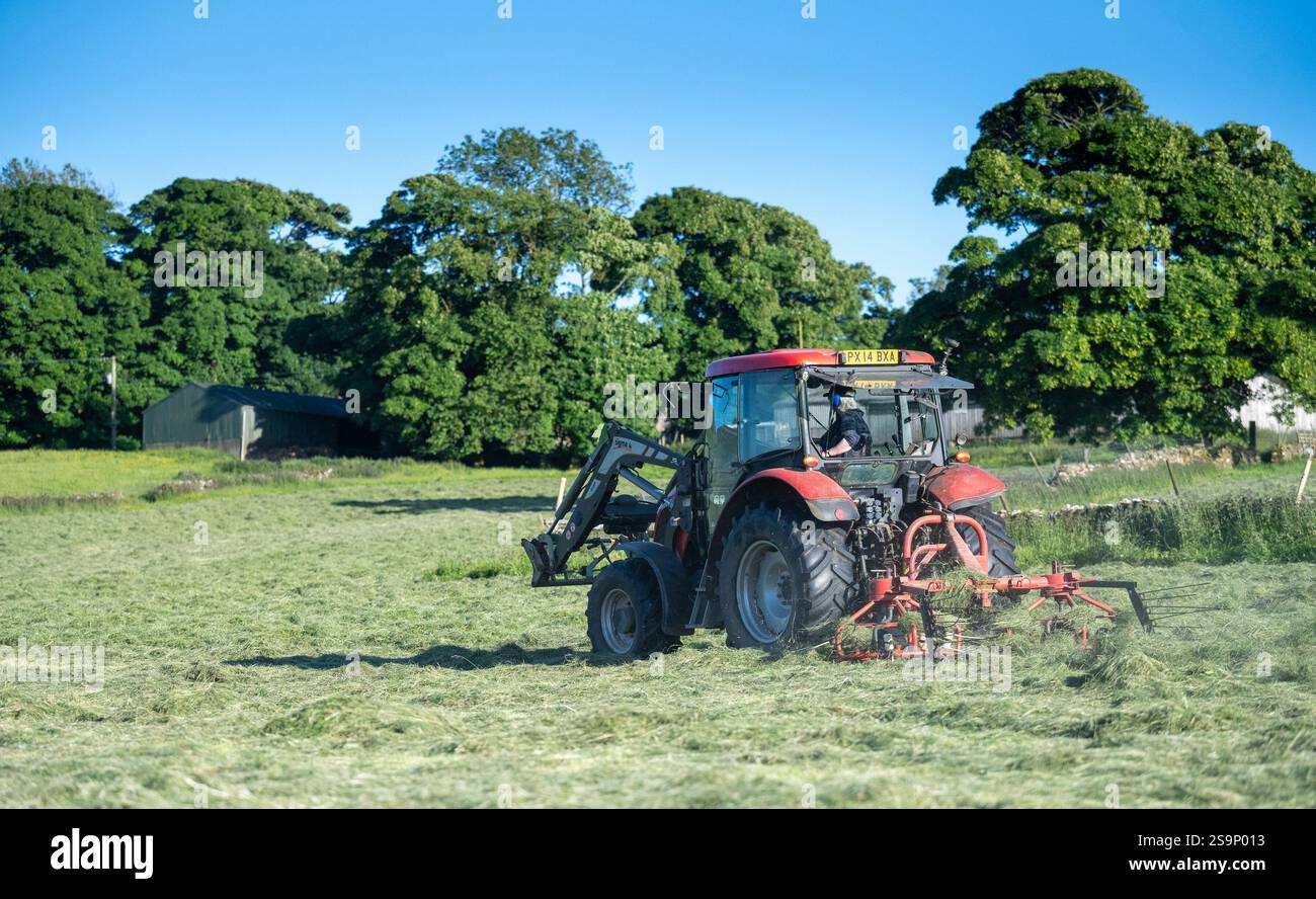 A Zetor tractor spreading grass out to make hay near tan hill Stock ...