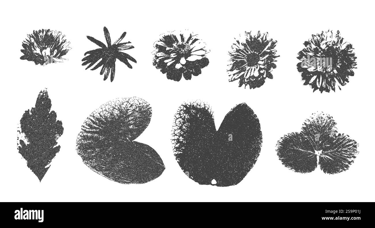 Photocopy effect flowers and leaves collage stickers. Stippled ...