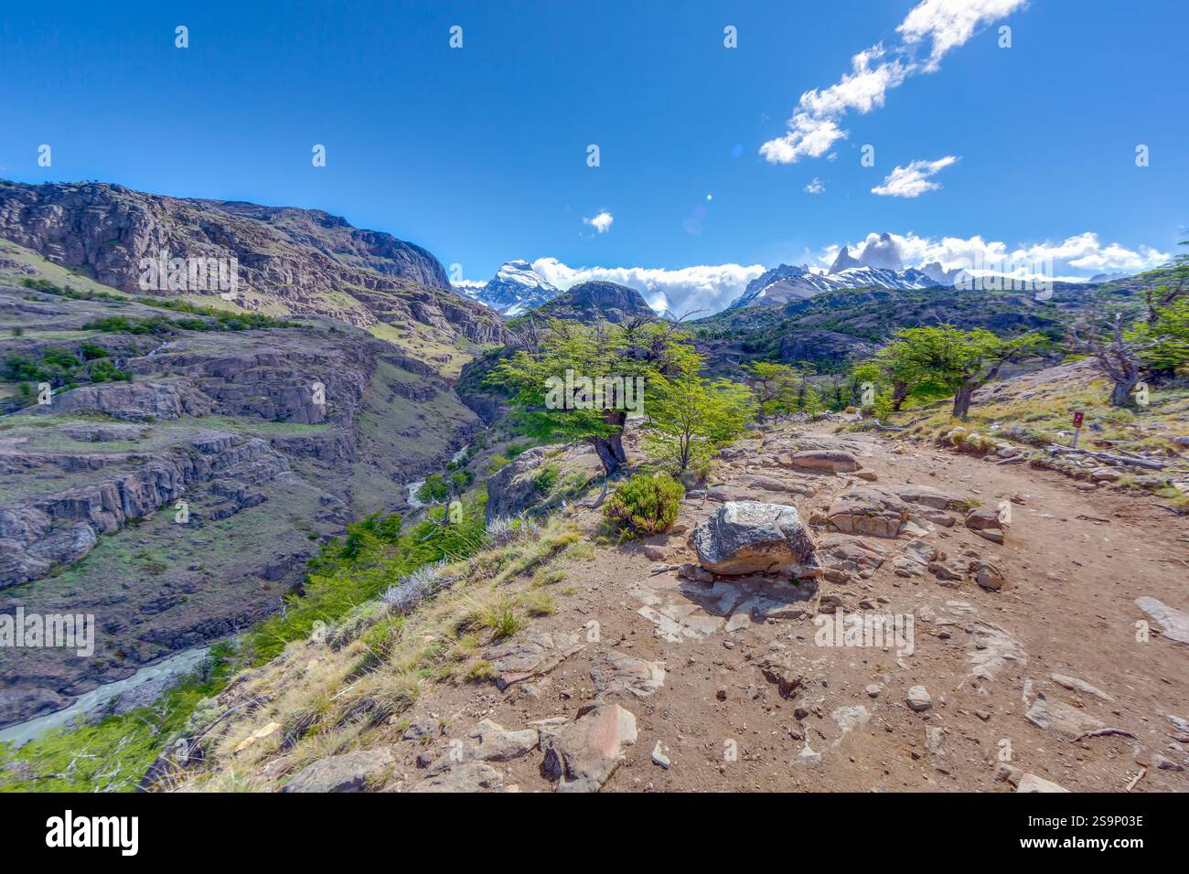 View of the valley towards Laguna Torre with Cerro Torre and ...