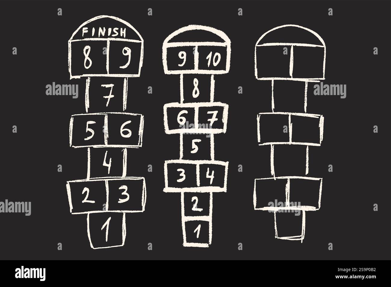 Hopscotch games chalk drawn set isolated on dark background. Children ...