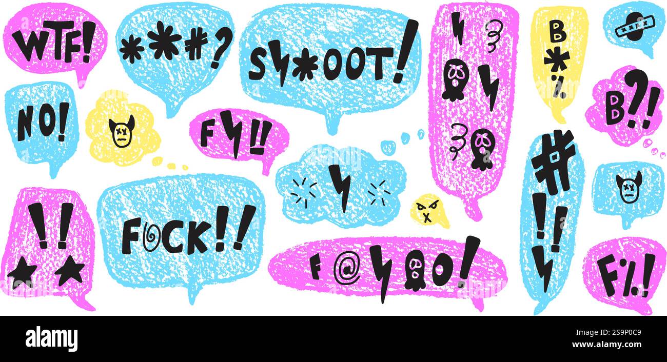 Speech bubbles with swear symbols words. Curse crayon doodle text. Bad ...