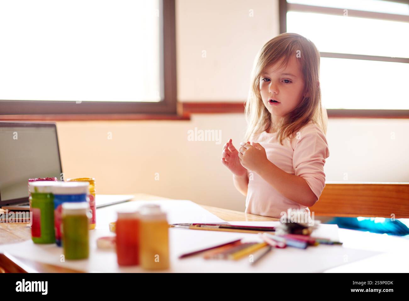 Painting, learning and art with girl in house for child development ...