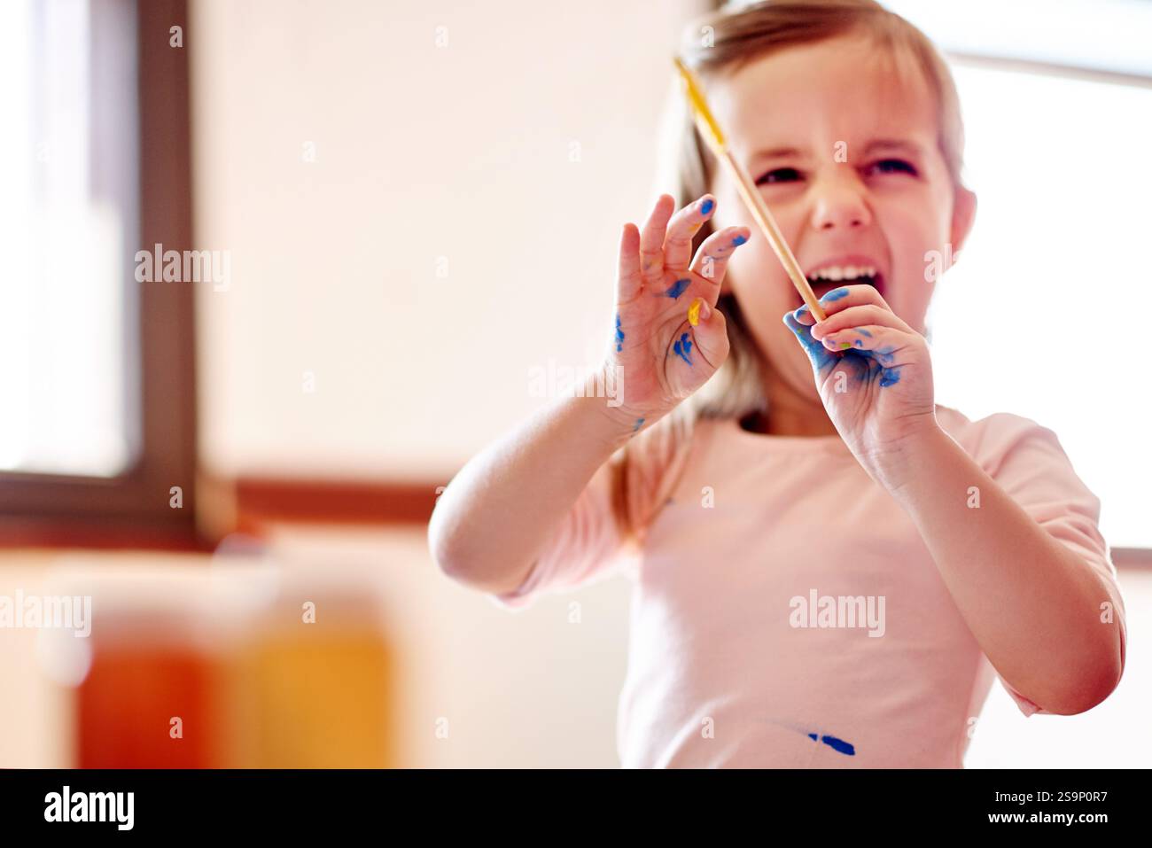 Painting, mess and art with girl in house for child development ...