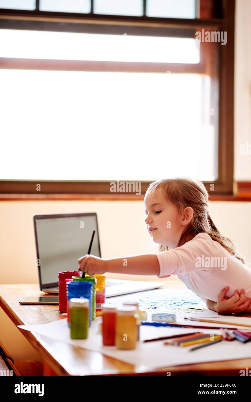 Painting, youth and learning with girl in house for child development ...