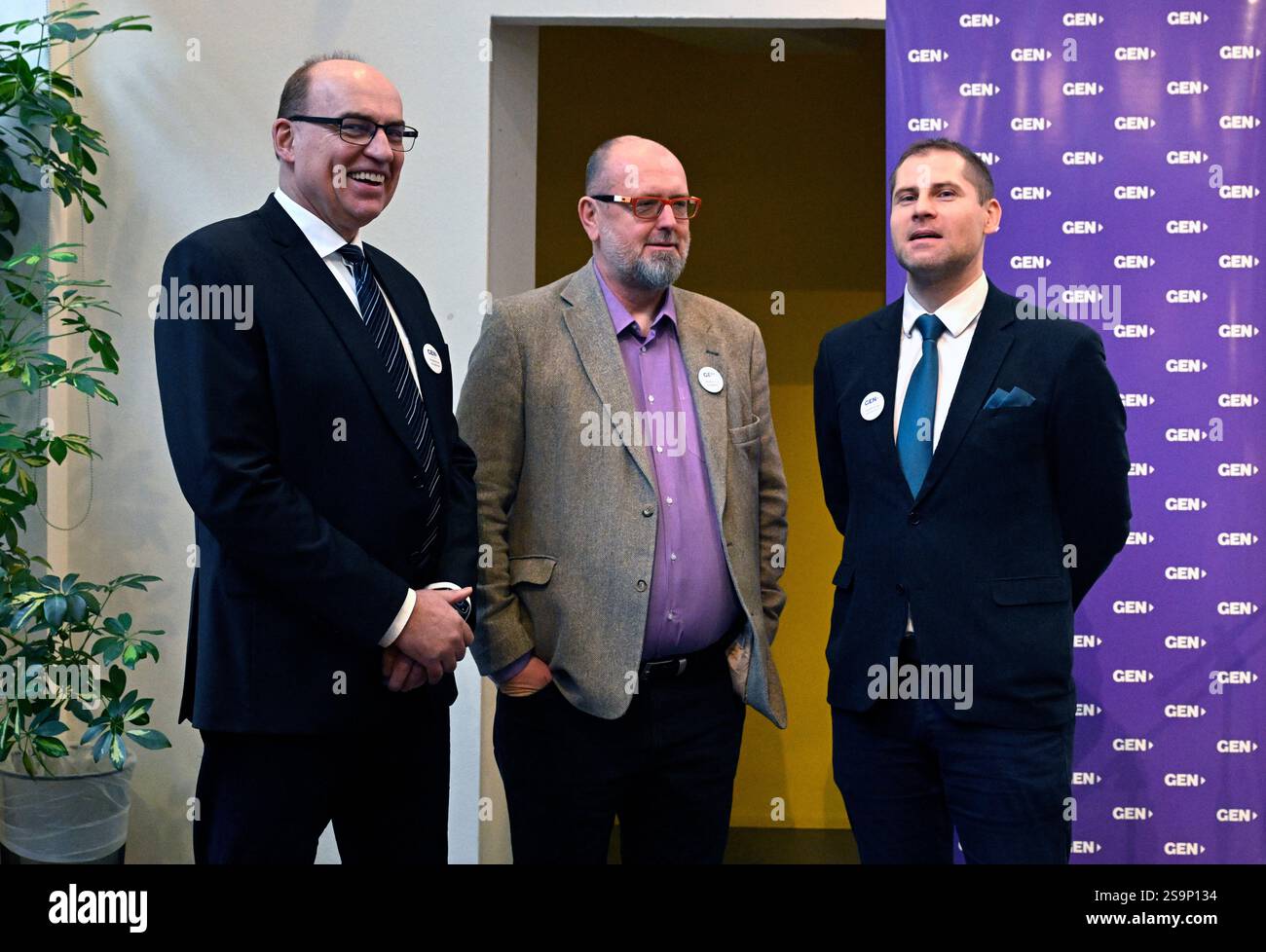From left: Pavel Sramek, party chairman Vojtech Ryvola and member of ...