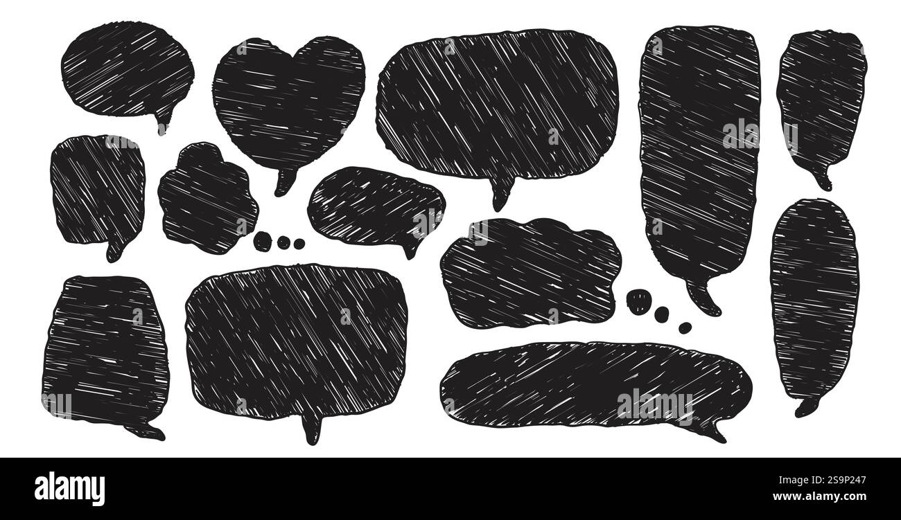 Speech bubbles set. Crayon doodle bubles. Chat dialog boxes. Comic talk ...