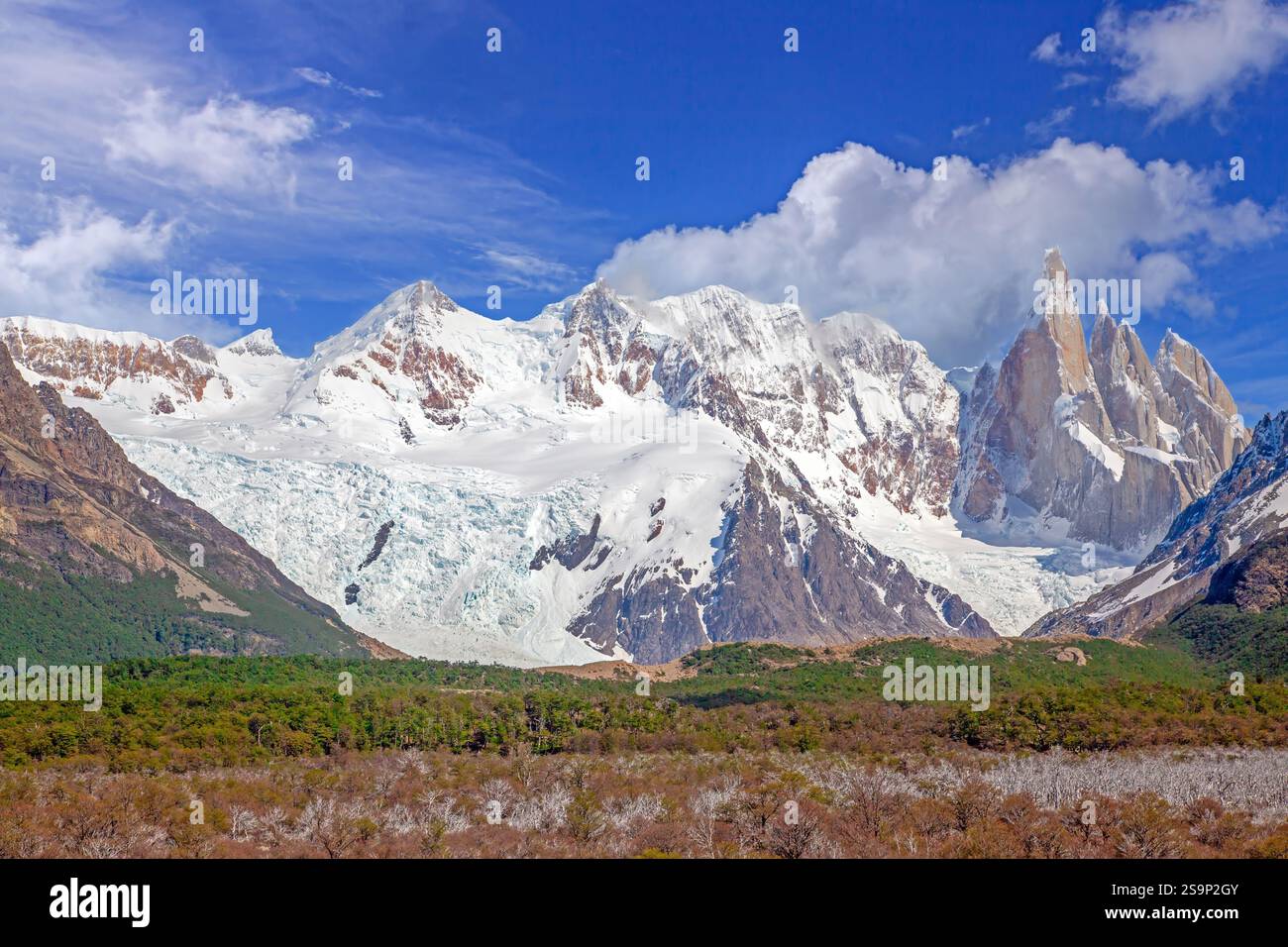 View of the valley towards Laguna Torre with Cerro Torre and ...