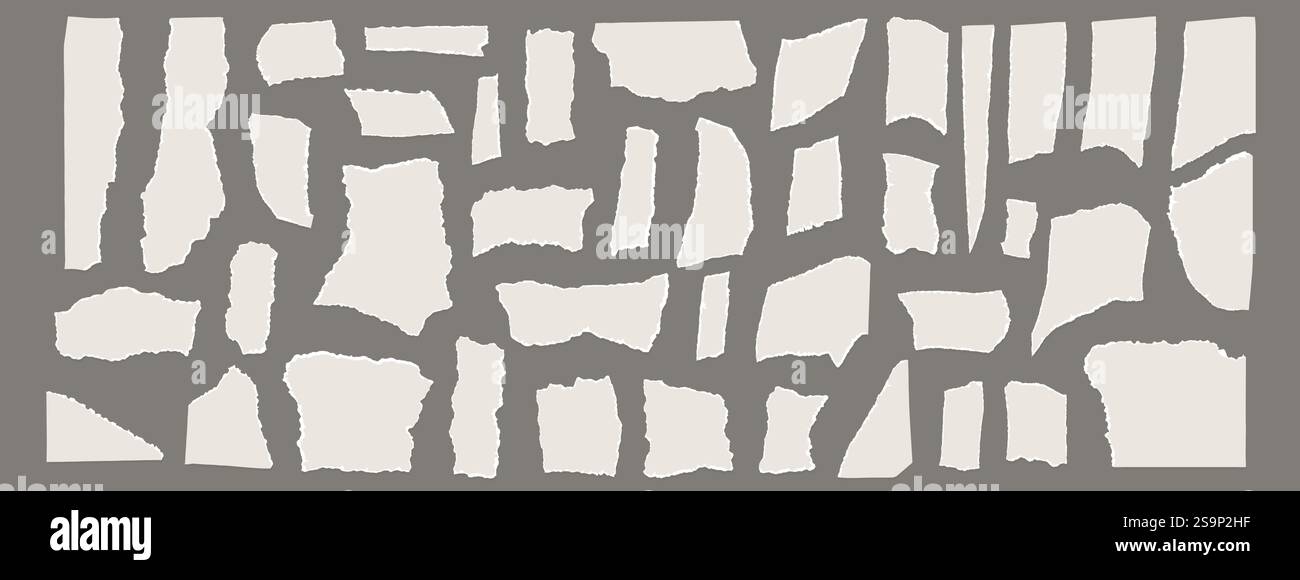 Set of white torn edges papers. Tear sheet pieces pack. Note uneven ...