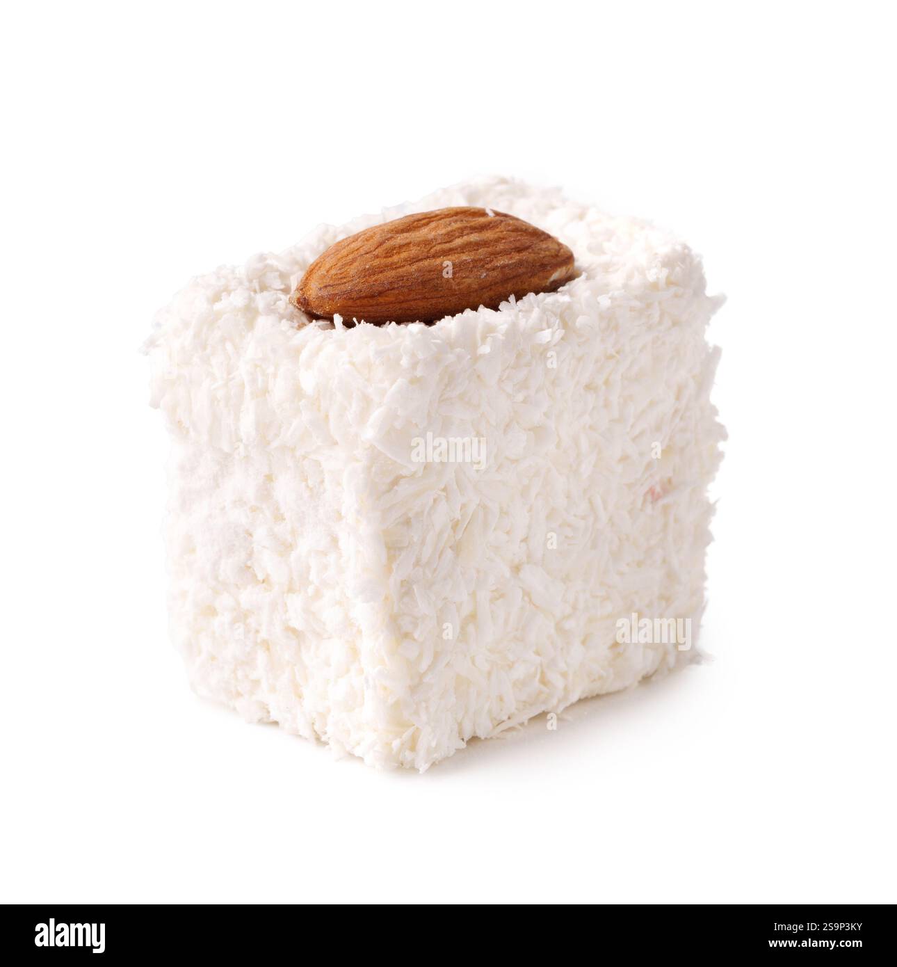 Delicious coconut treat with almond topping served on a white ...